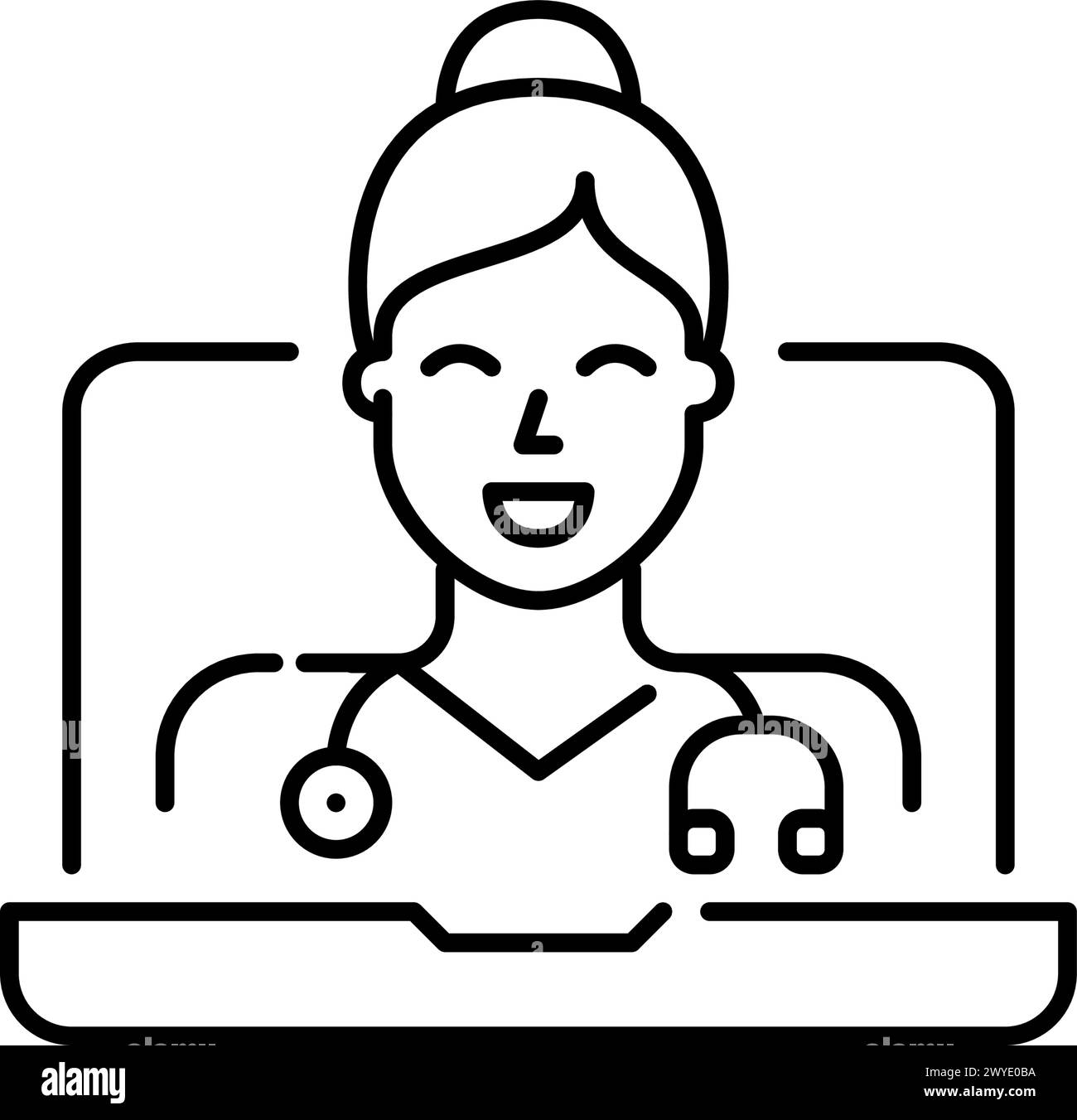 Telemedicine icon. Female doctor with stethoscope on laptop video call ...