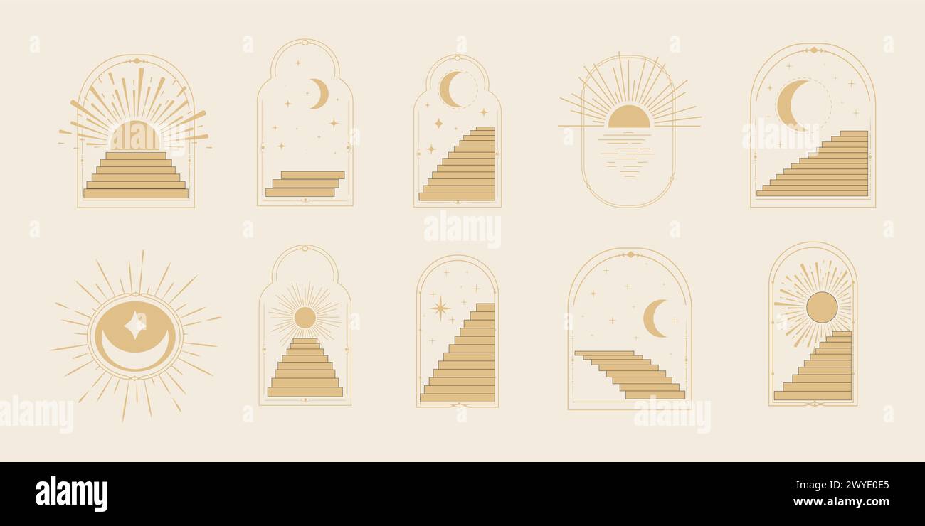 Set arch window thin line frame celestial, mystic with staircase ...