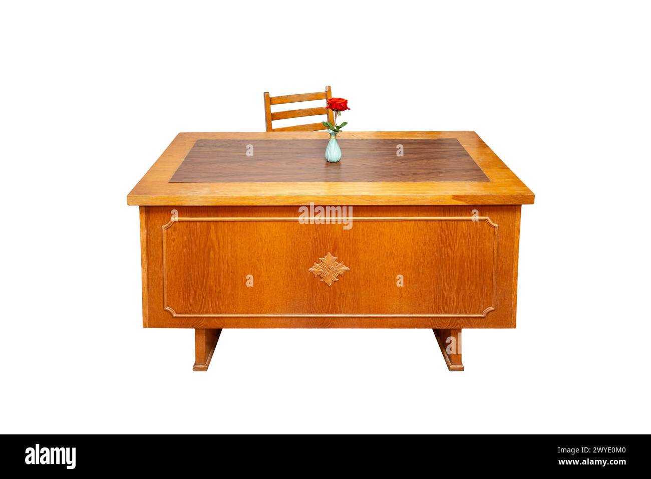 Retro wooden desk with a chair and a vase with a red rose, front view ...