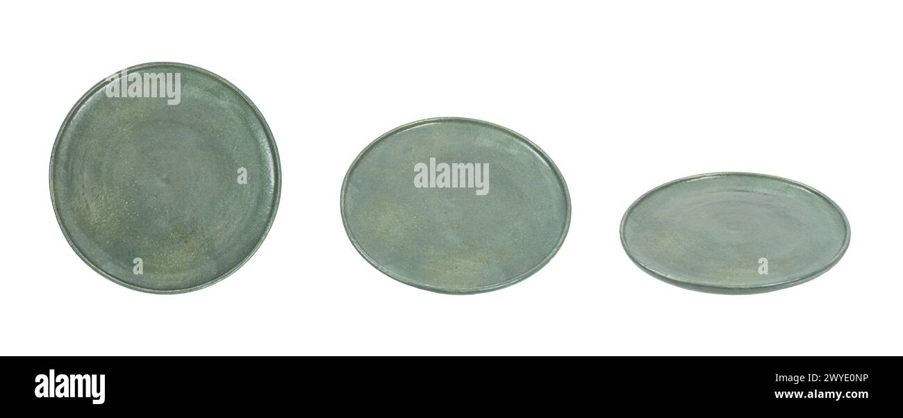 Ceramic pottery plate, turquoise color, in three different angles ...