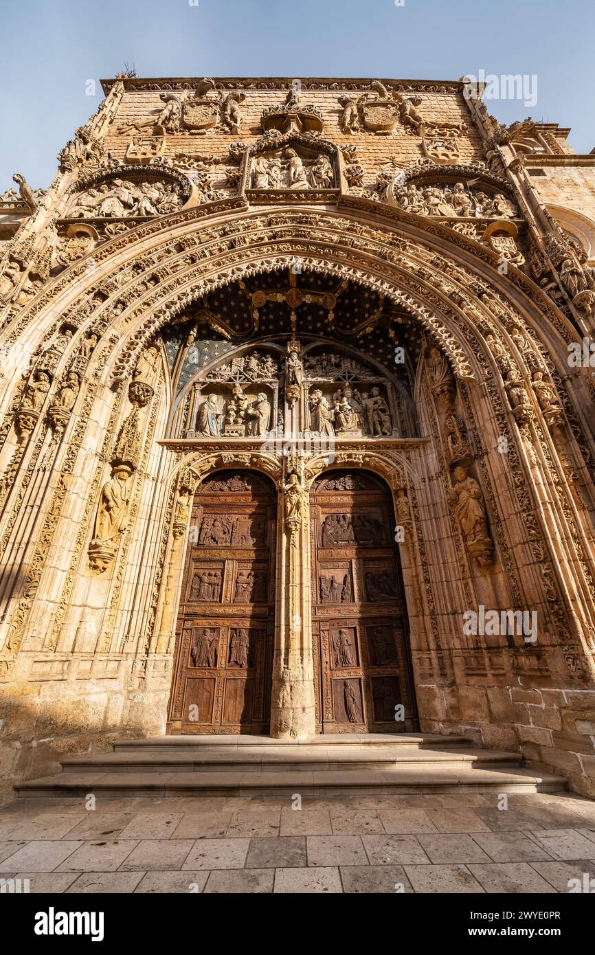 Medieval church facade highly decorated with stone carvings in Aranda ...