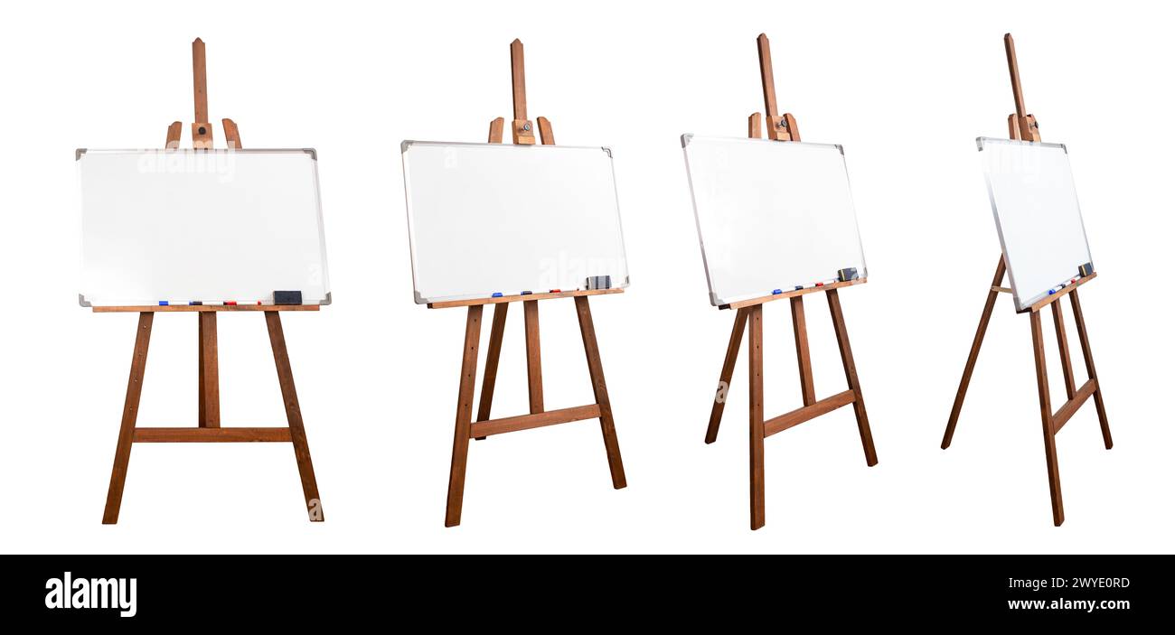 Wooden easel with a magnetic white board isolated on white, different ...