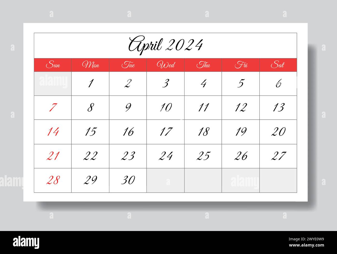 April 2024 ENGLISH month calendar. Vector printable illustration ...