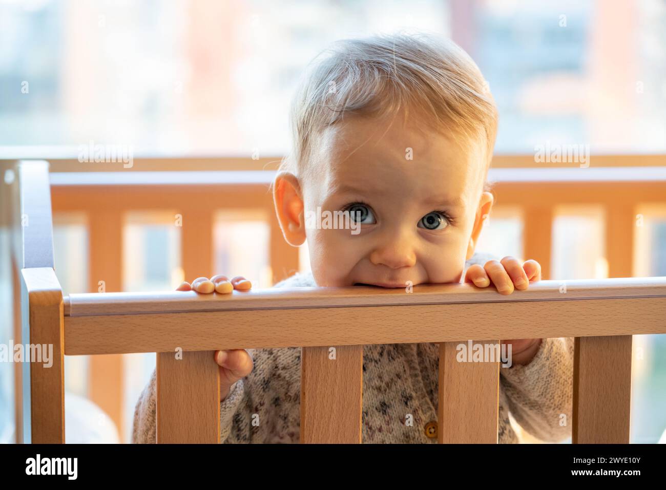 The baby, embarrassed and shy, bites the side of the crib Stock Photo ...