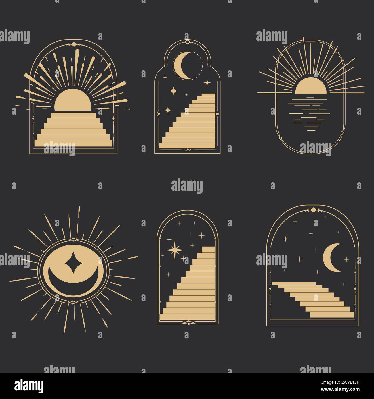 Set arch window line frame celestial, mystic with staircase, astrology symbols moon and sun ...
