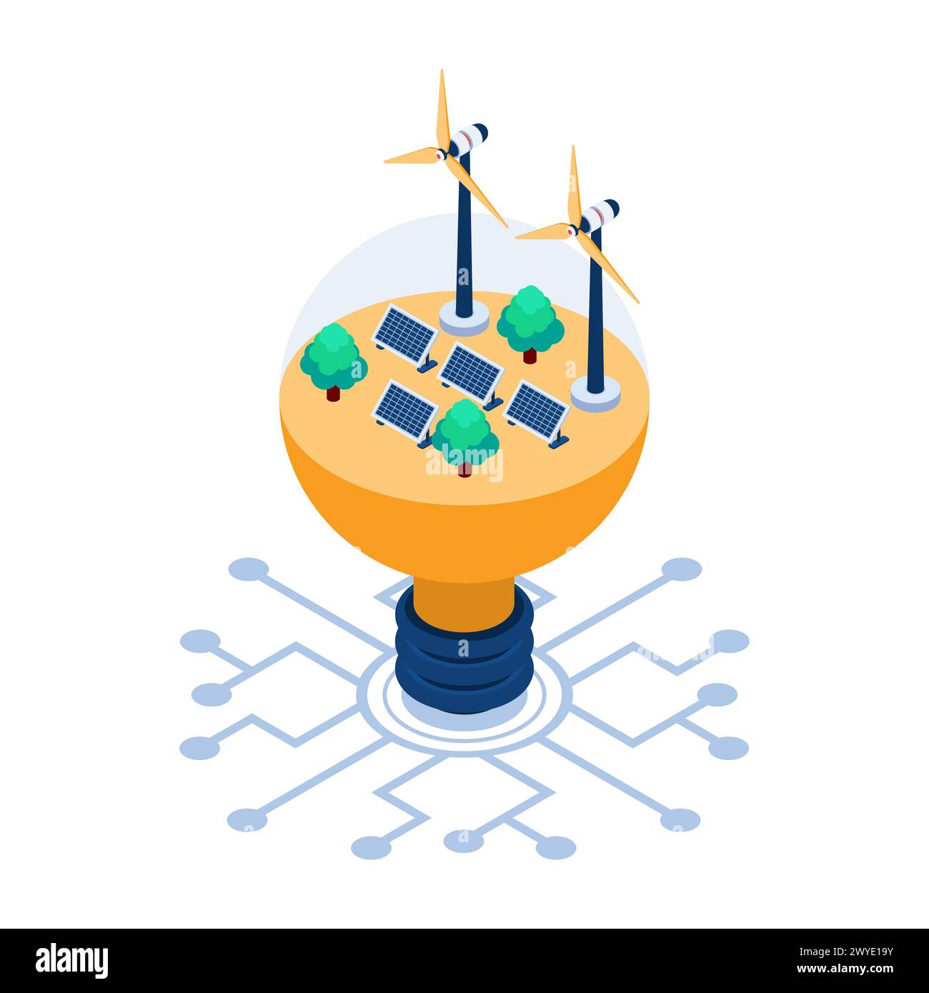 Flat 3d Isometric Solar Cell and Wind Turbine Inside Light Bulb. Clean ...