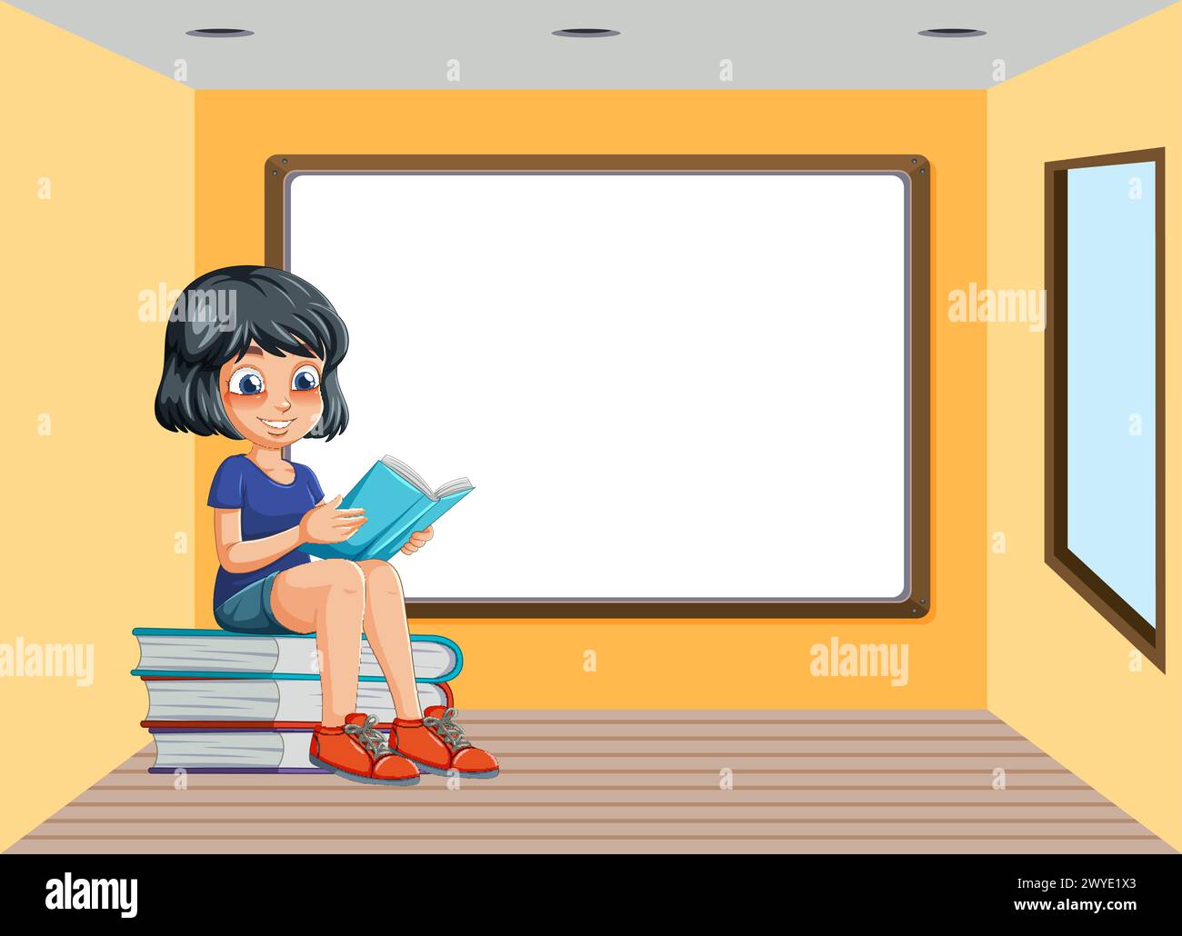 Cartoon girl reading book in classroom setting Stock Vector Image & Art ...