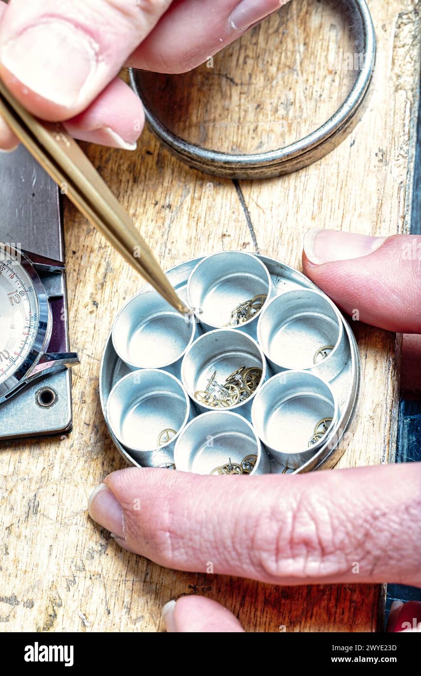 Focused precision at the bench: a watchmaker's steady hand aligns the ...