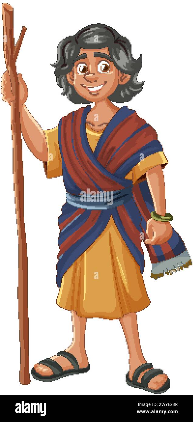 Cartoon of a cheerful young shepherd holding a staff Stock Vector Image ...