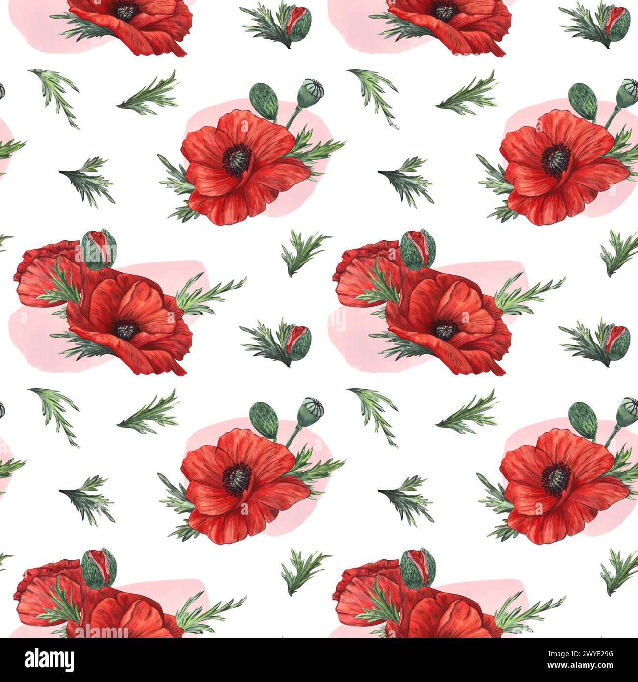 Seamless watercolor pattern with red poppies and green leaves on a ...