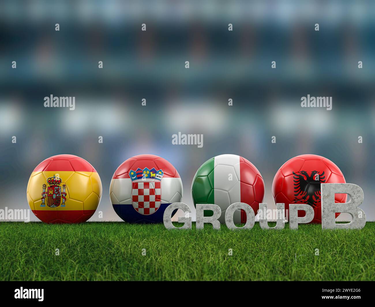 Football balls with flags of Euro 2024 group B teams on a football ...