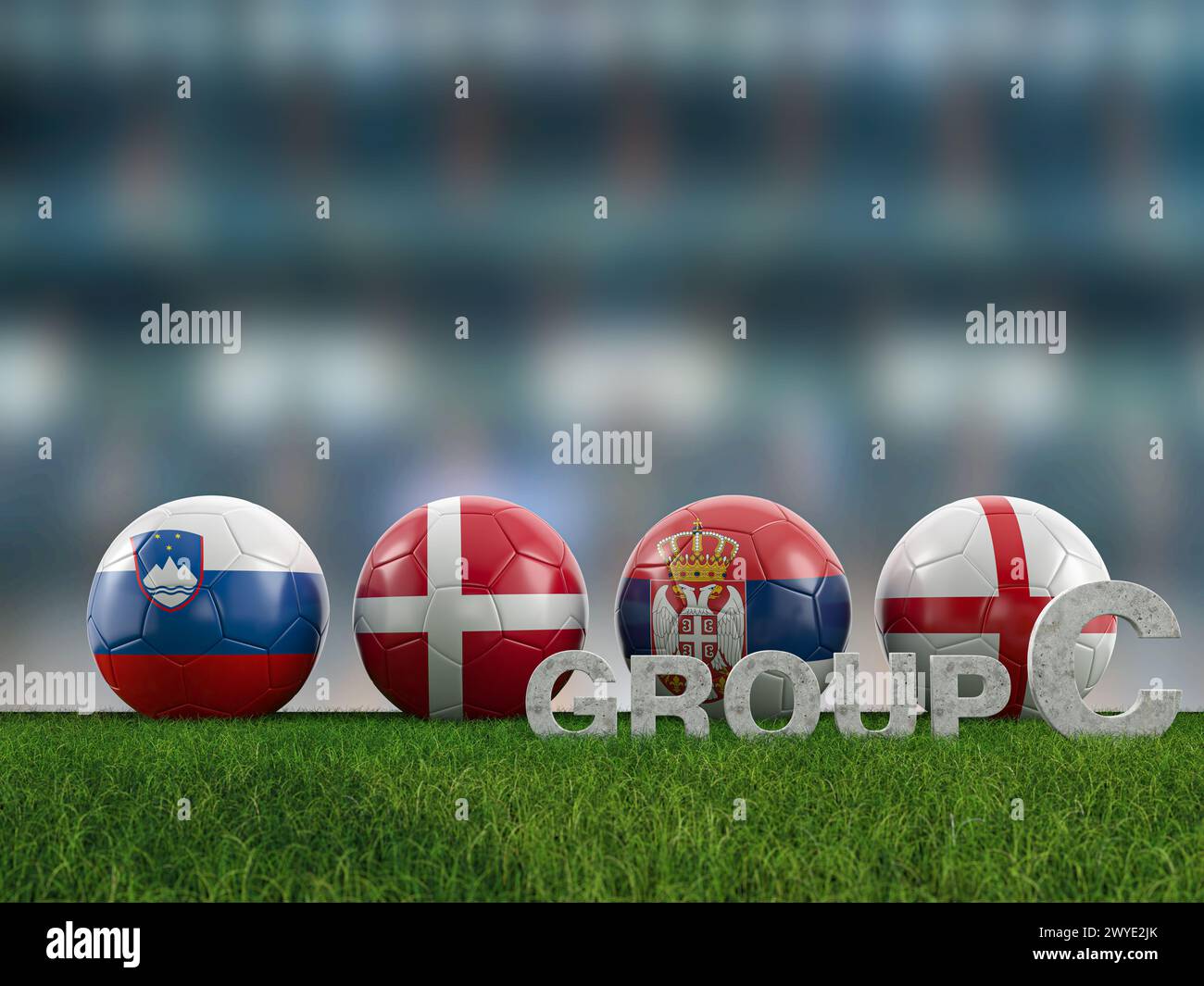 Football balls with flags of Euro 2024 group C teams on a football ...