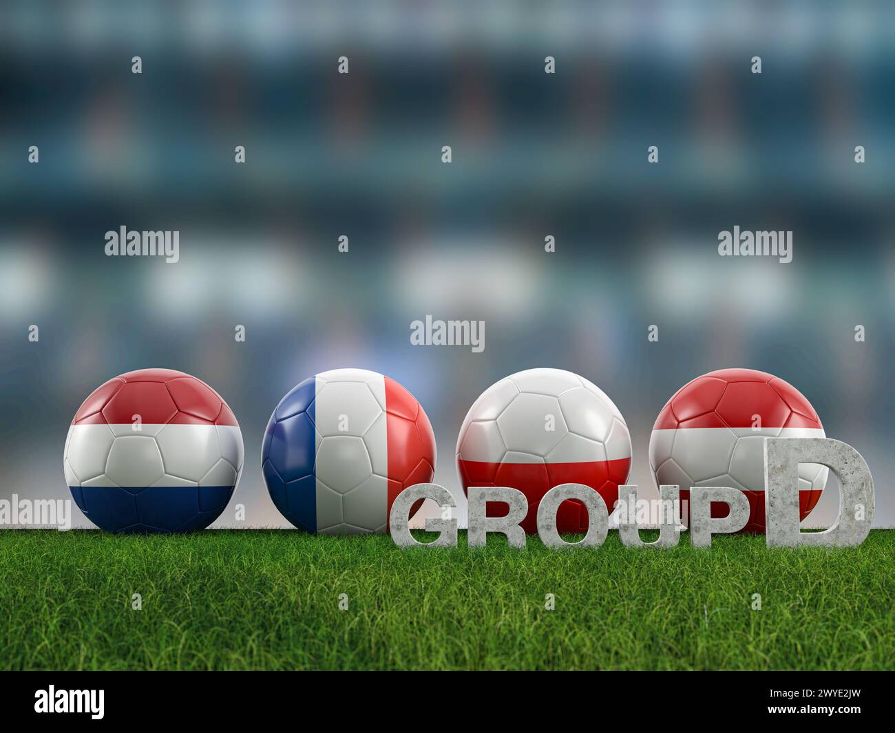 Football balls with flags of Euro 2024 group D teams on a football ...