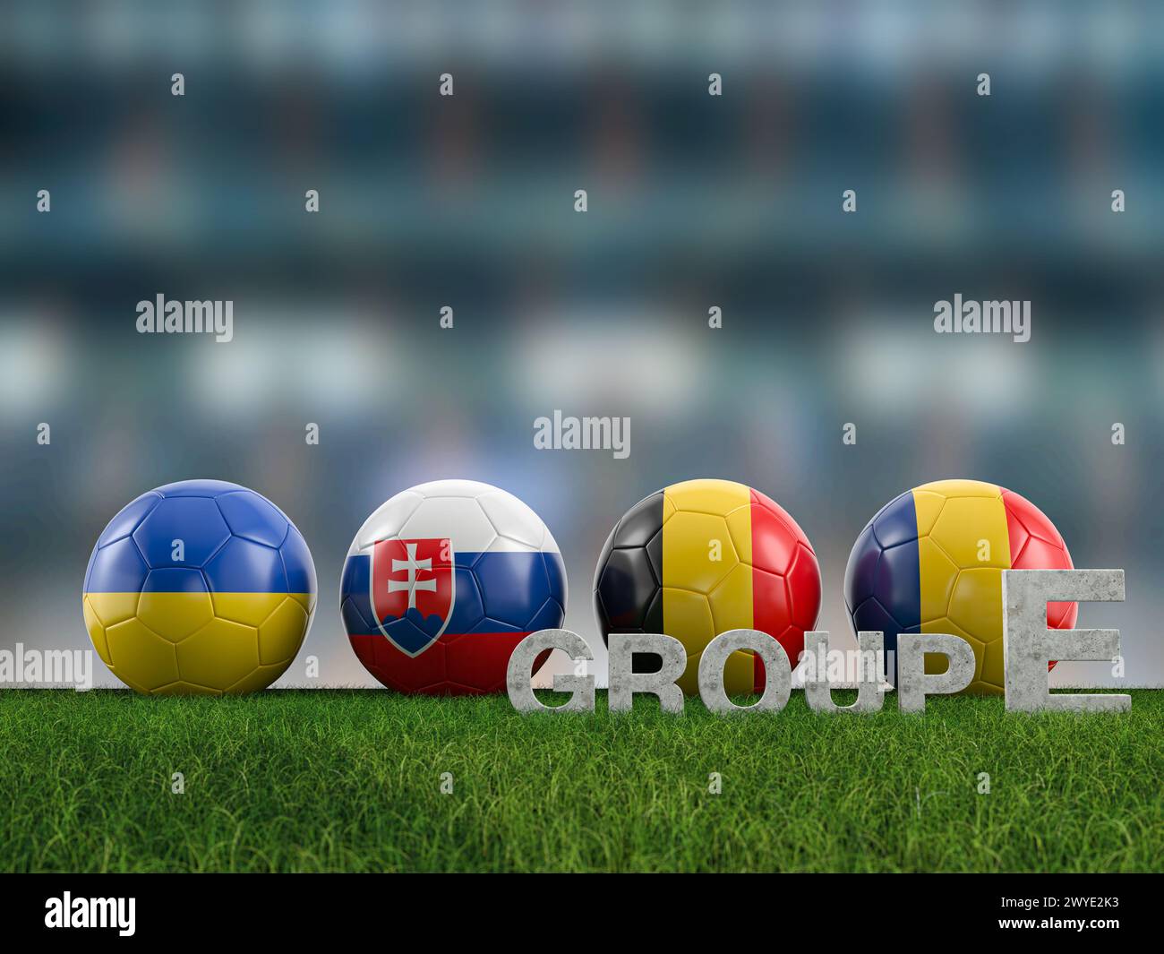 Football balls with flags of Euro 2024 group E teams on a football ...