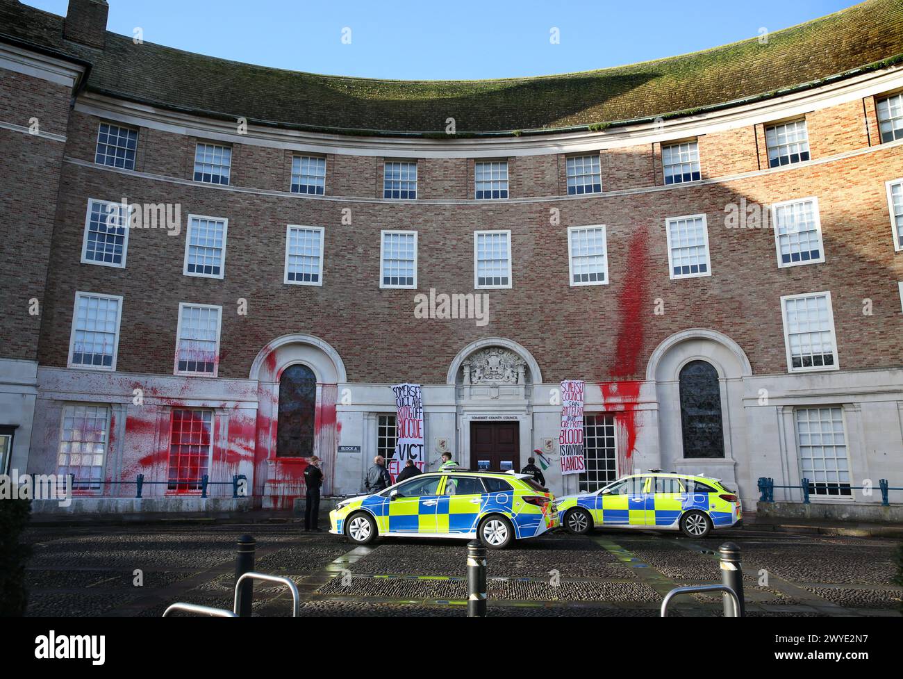 Police Vehicles are seen stationed outside County Hall, which has been ...
