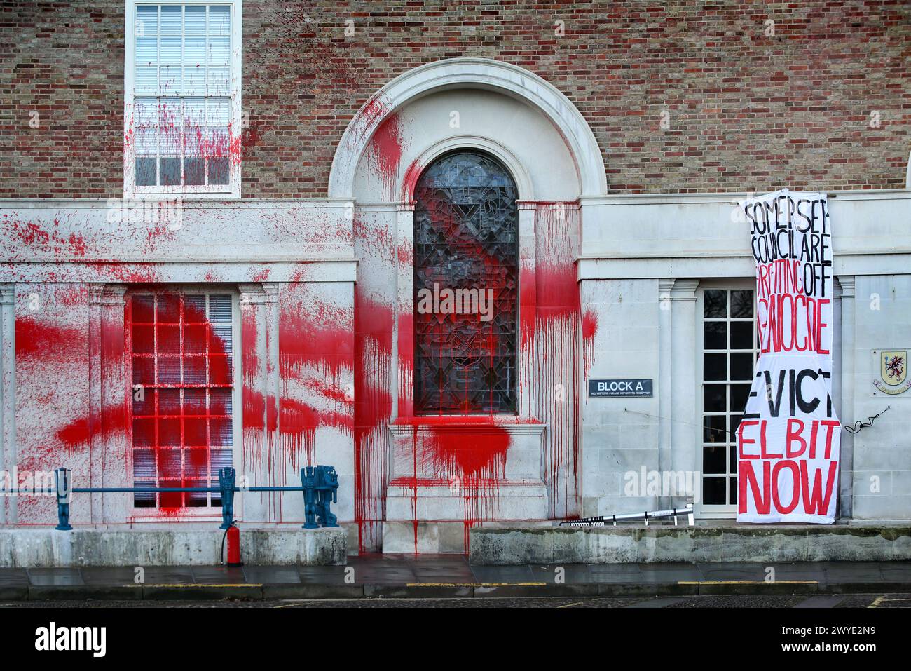 Protesters leave banners hanging on the exterior of County Hall and ...