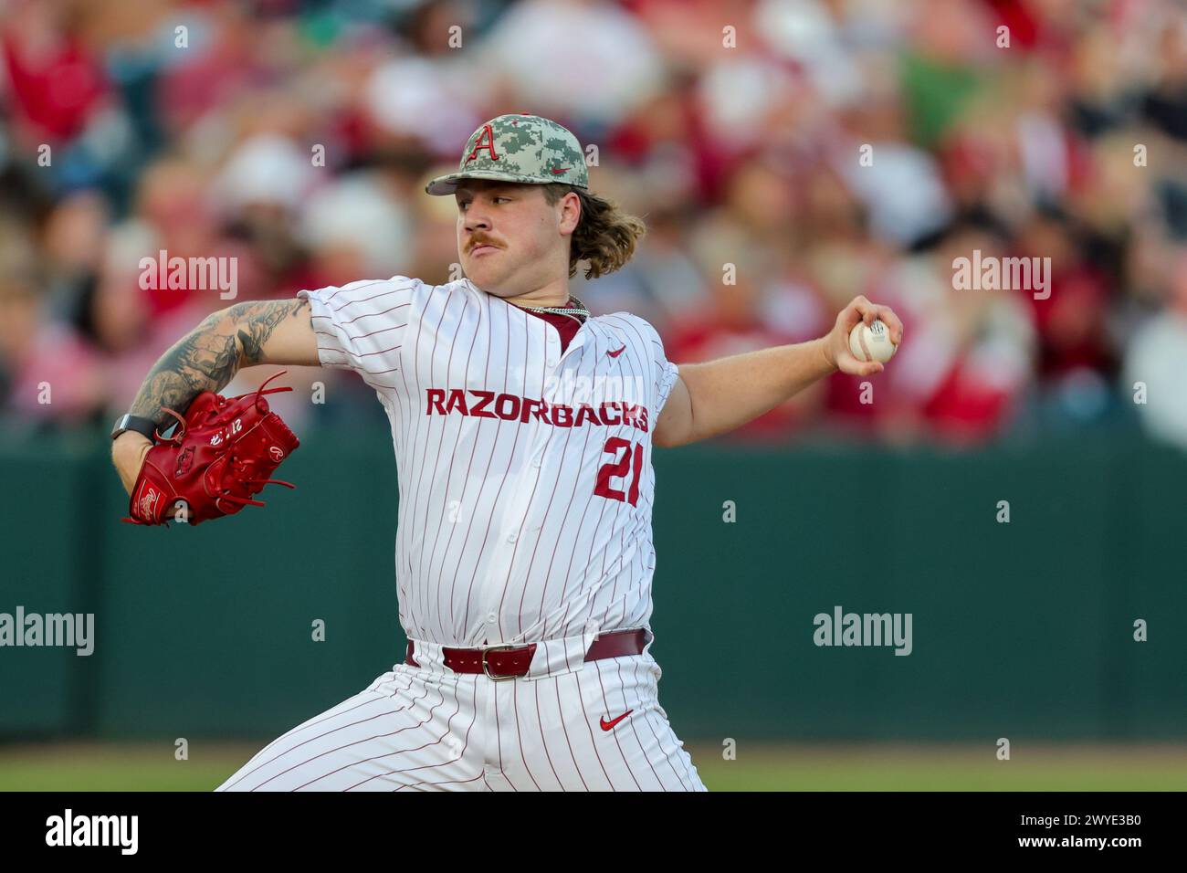 April 5, 2024: Hogs pitcher Mason Molina #21 prepares to deliver a ball ...