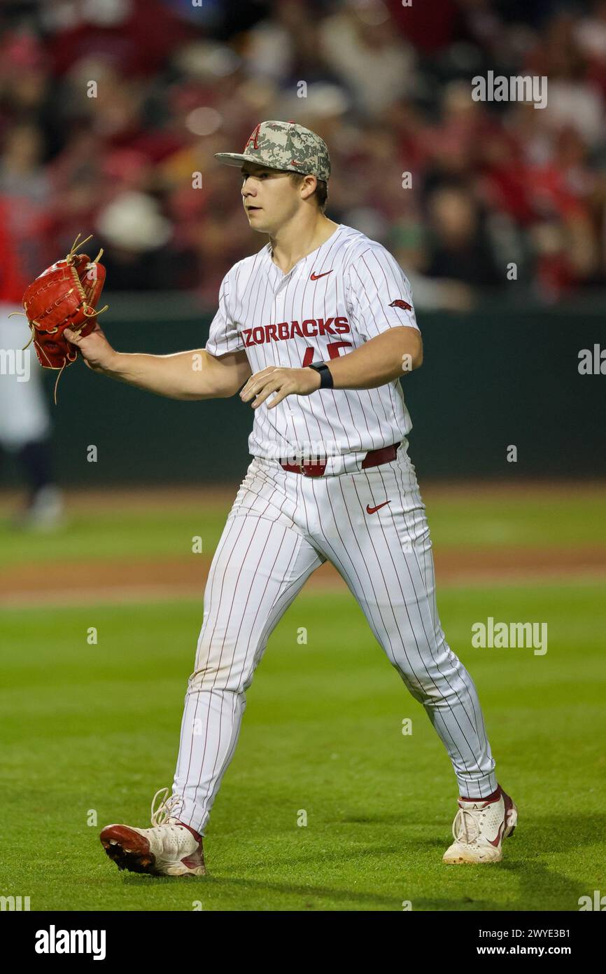 April 5, 2024: Razorback pitcher Gage Wood #45 takes off his glove as ...
