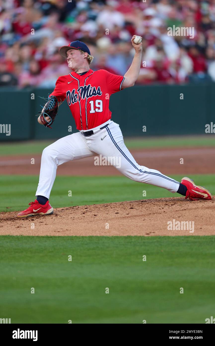 April 5, 2024: Rebels pitcher Liam Doyle #19 in action on the mound ...