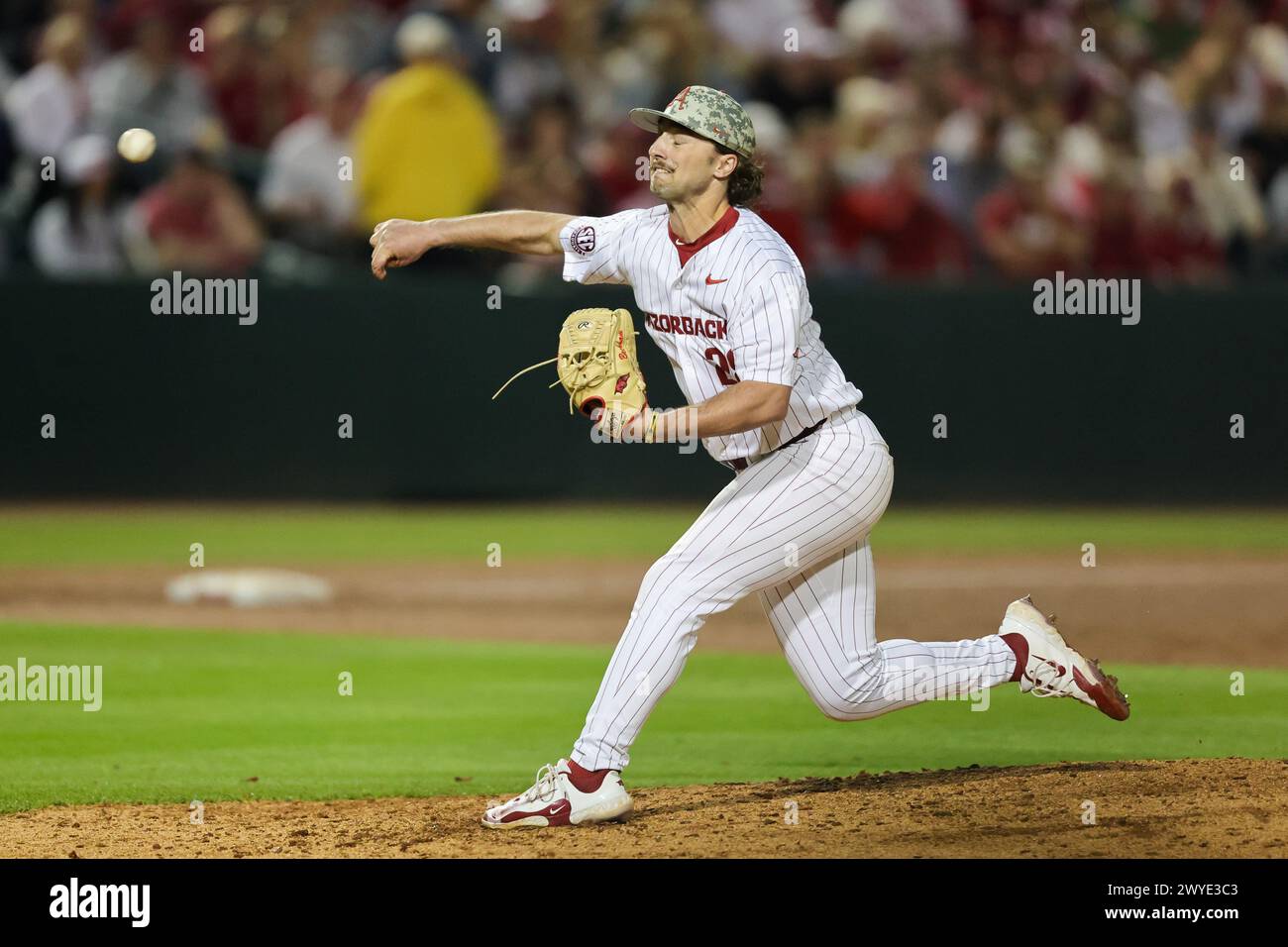 April 5, 2024: Arkansas relief pitcher Koty Frank #28 releases a ball ...