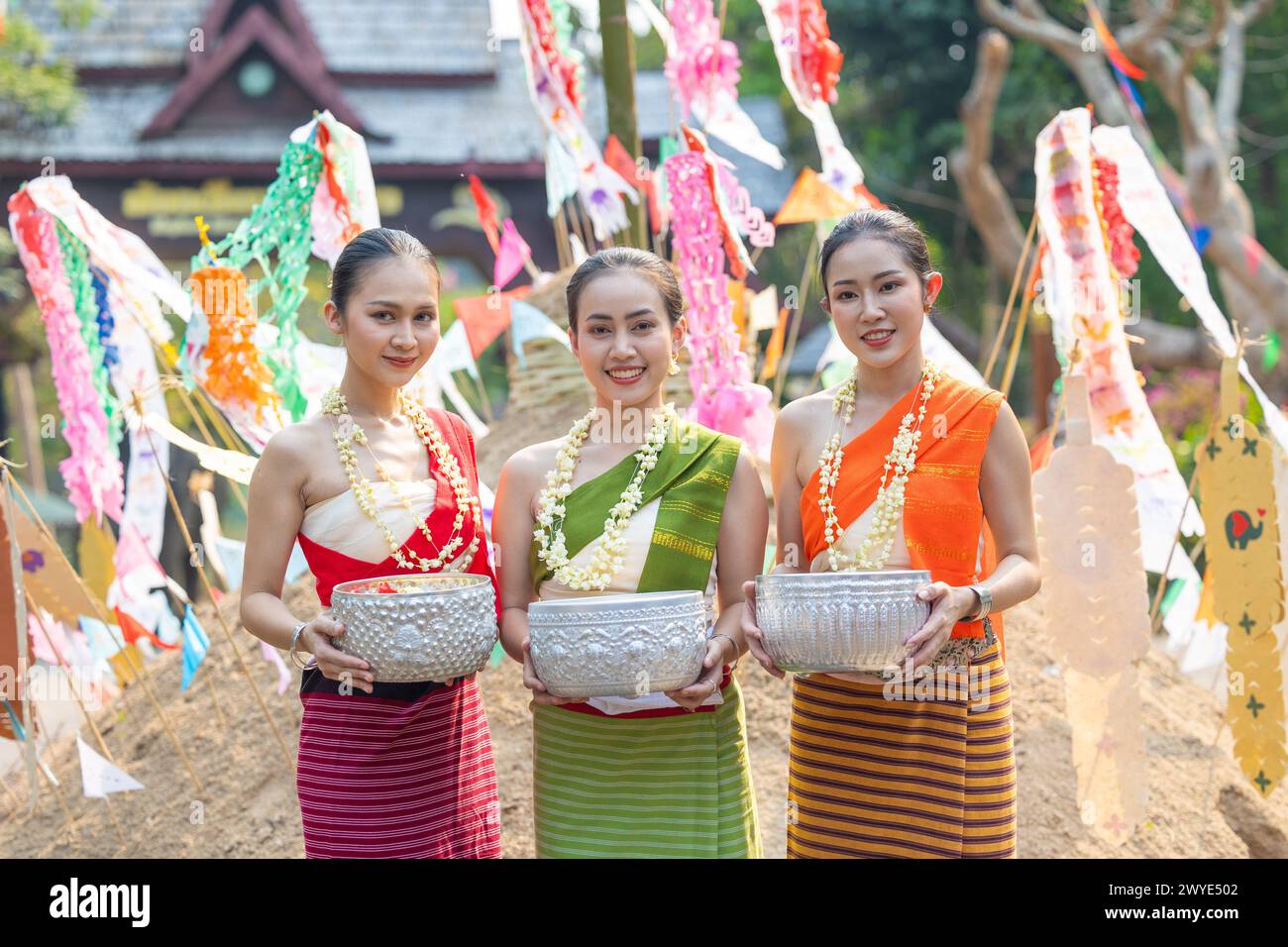 Songkran festival. Portrait Northern Thai people in Traditional clothes ...
