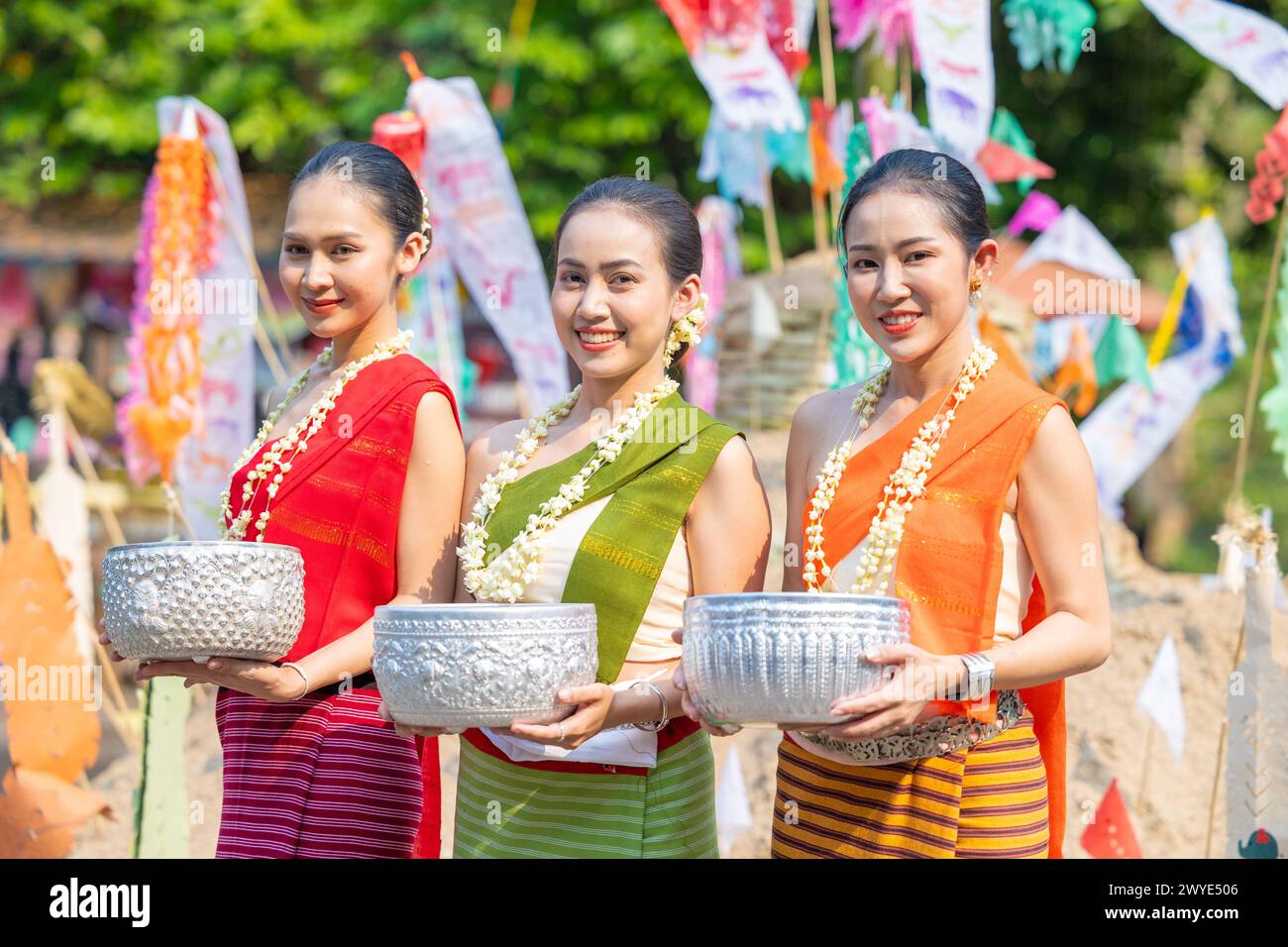 Songkran festival. Portrait Northern Thai people in Traditional clothes ...