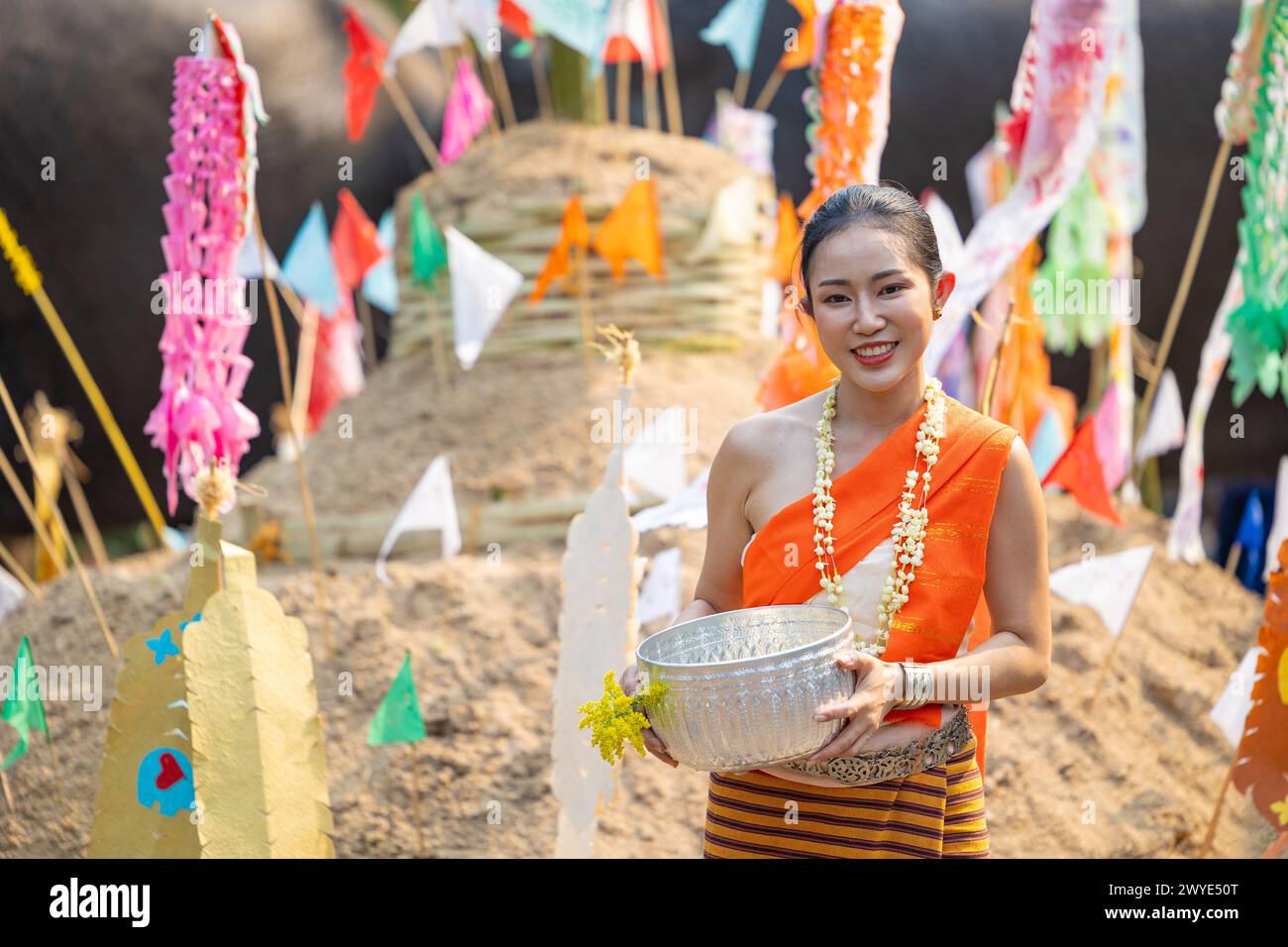 Songkran festival. Portrait Northern Thai people in Traditional clothes ...