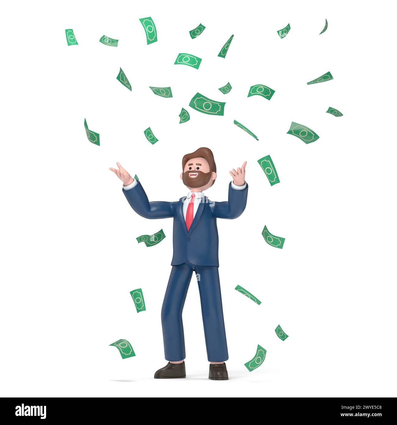 3D illustration of businessman celebrates success standing under money ...
