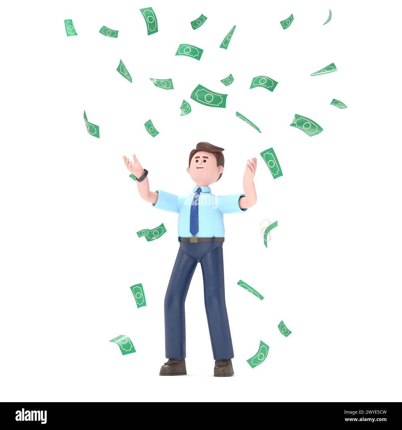 3D illustration of businessman celebrates success standing under money ...