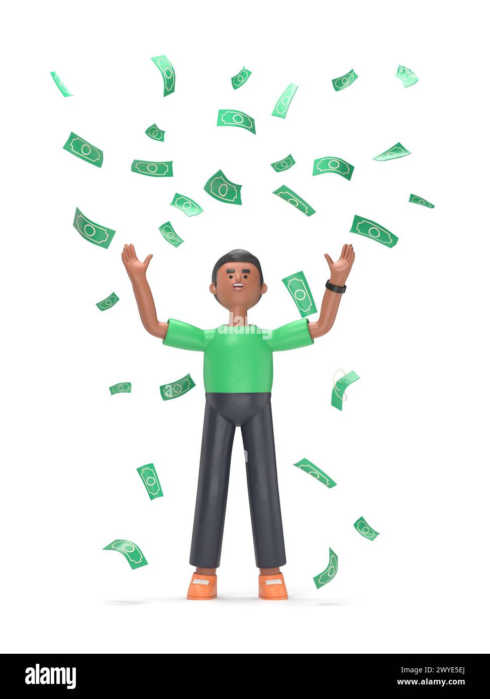 3D illustration of businessman celebrates success standing under money ...