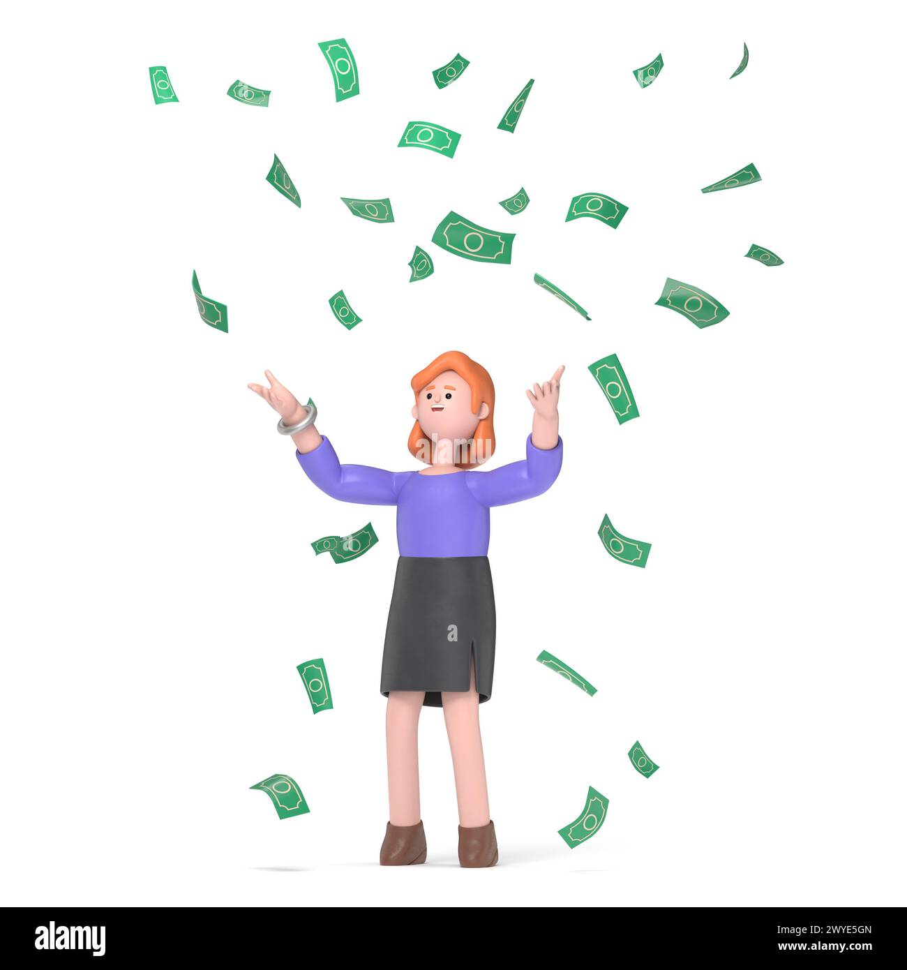 3D illustration of businessman celebrates success standing under money ...