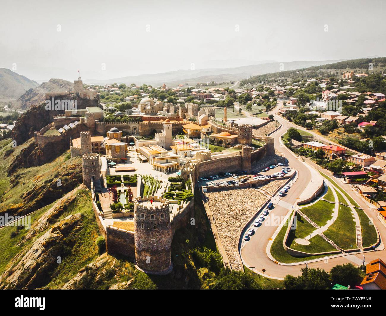 Aerial panning view Akhaltsikhe town panorama with famous tourist ...