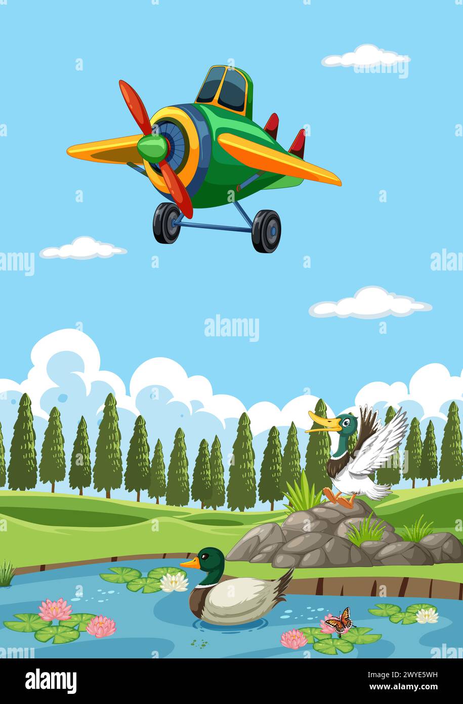 Vector illustration of aircraft and wildlife in nature Stock Vector ...