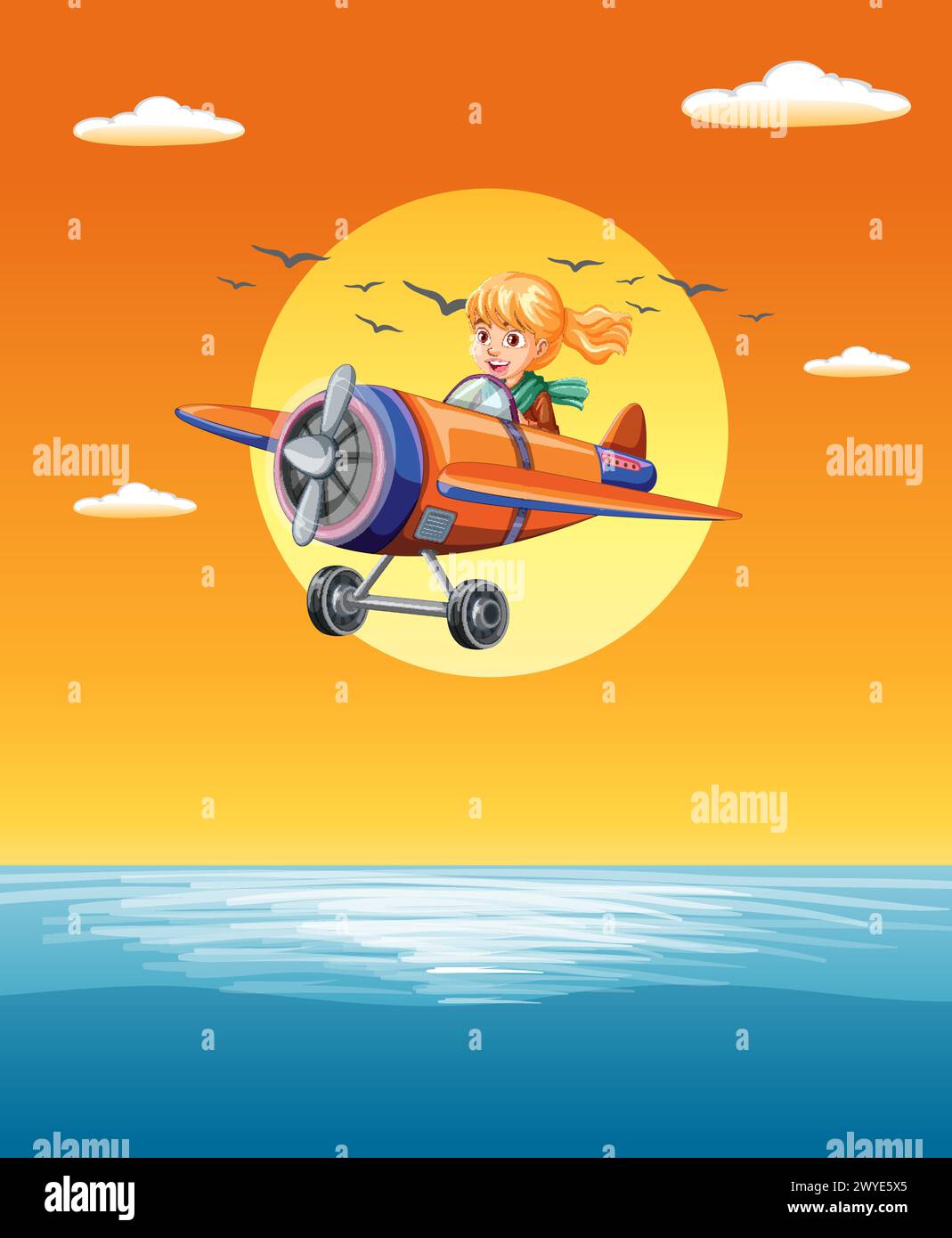 Child pilot flying plane above ocean at sunset Stock Vector Image & Art ...