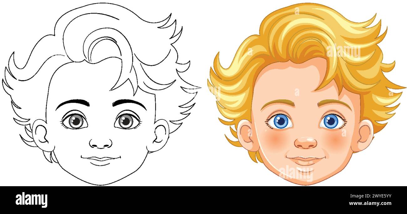 Vector transformation of a boy's face from line art to color Stock ...