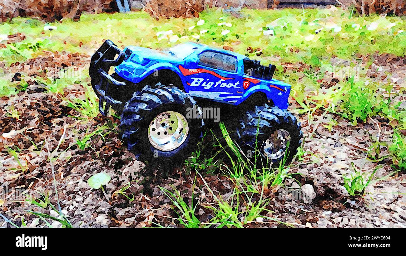 Watercolorstyle picture representing a blue monster truck Stock Photo ...