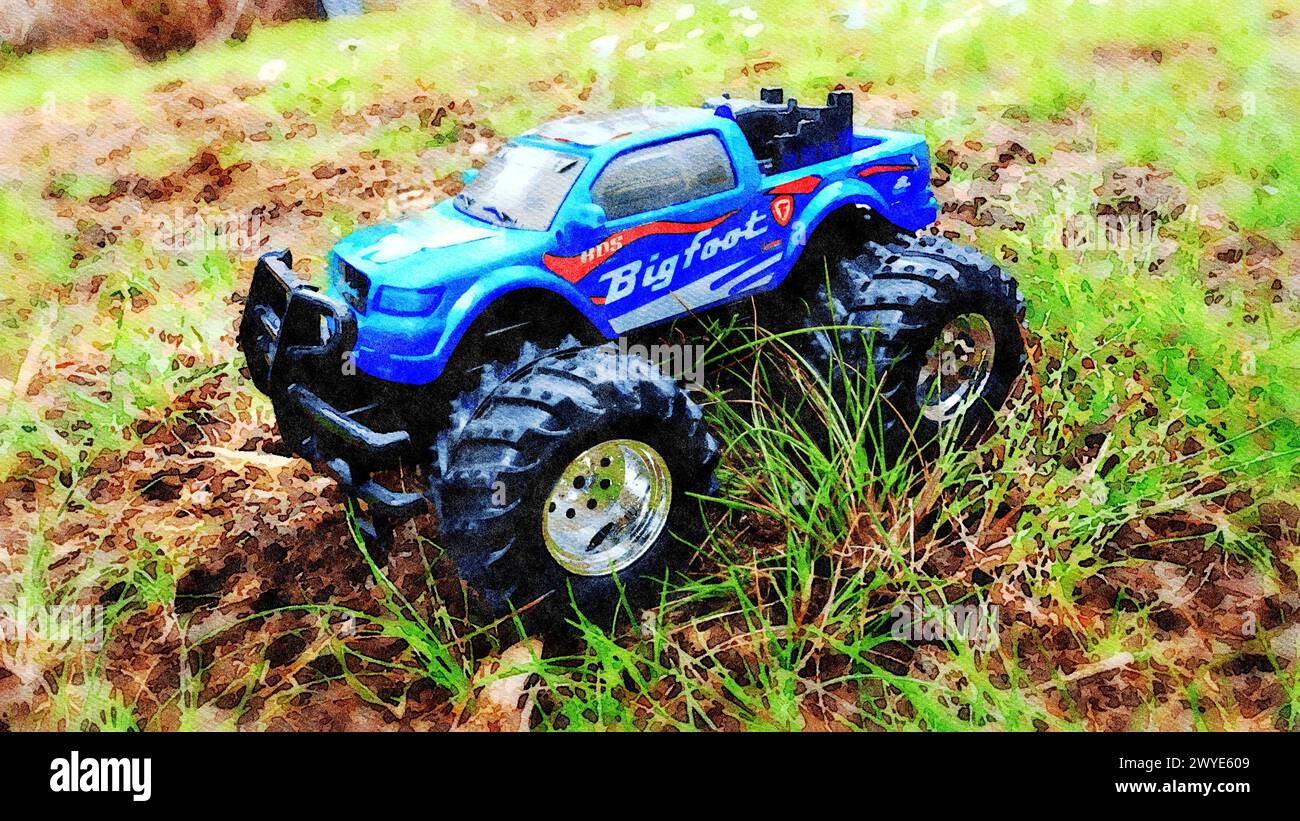 Watercolorstyle picture representing a blue monster truck Stock Photo ...