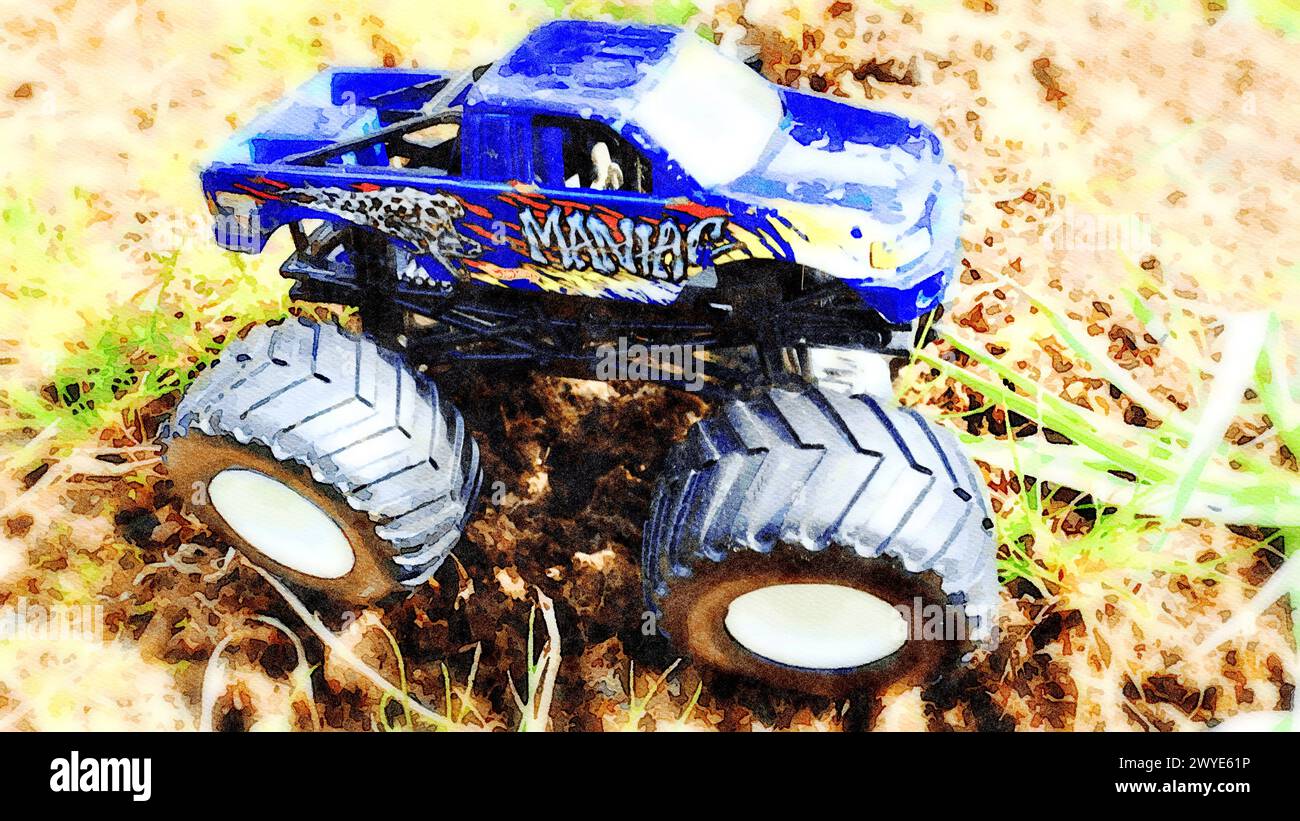 Watercolorstyle picture representing a blue monster truck Stock Photo ...