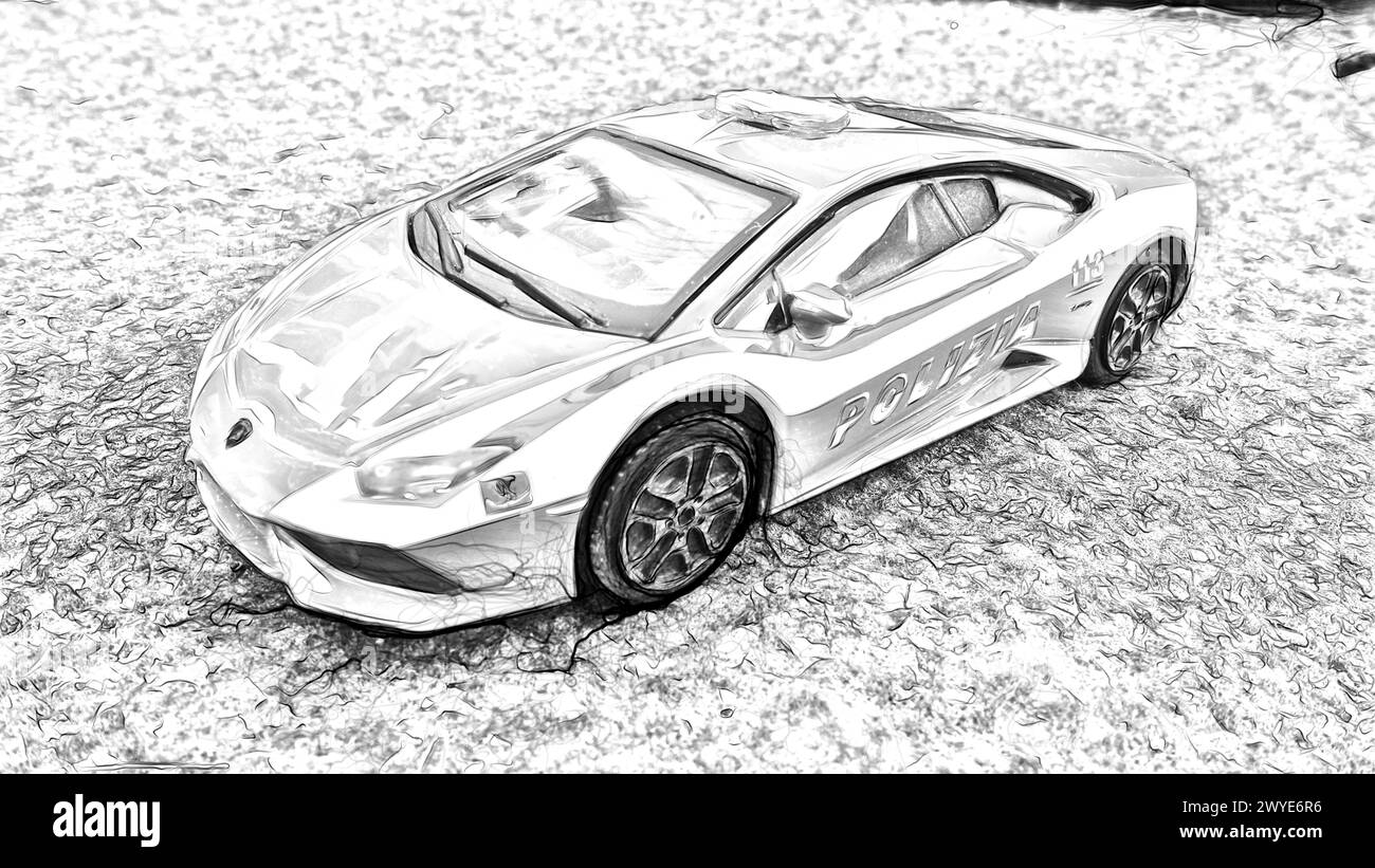 Digital black and white drawing style representing a police sports car ...