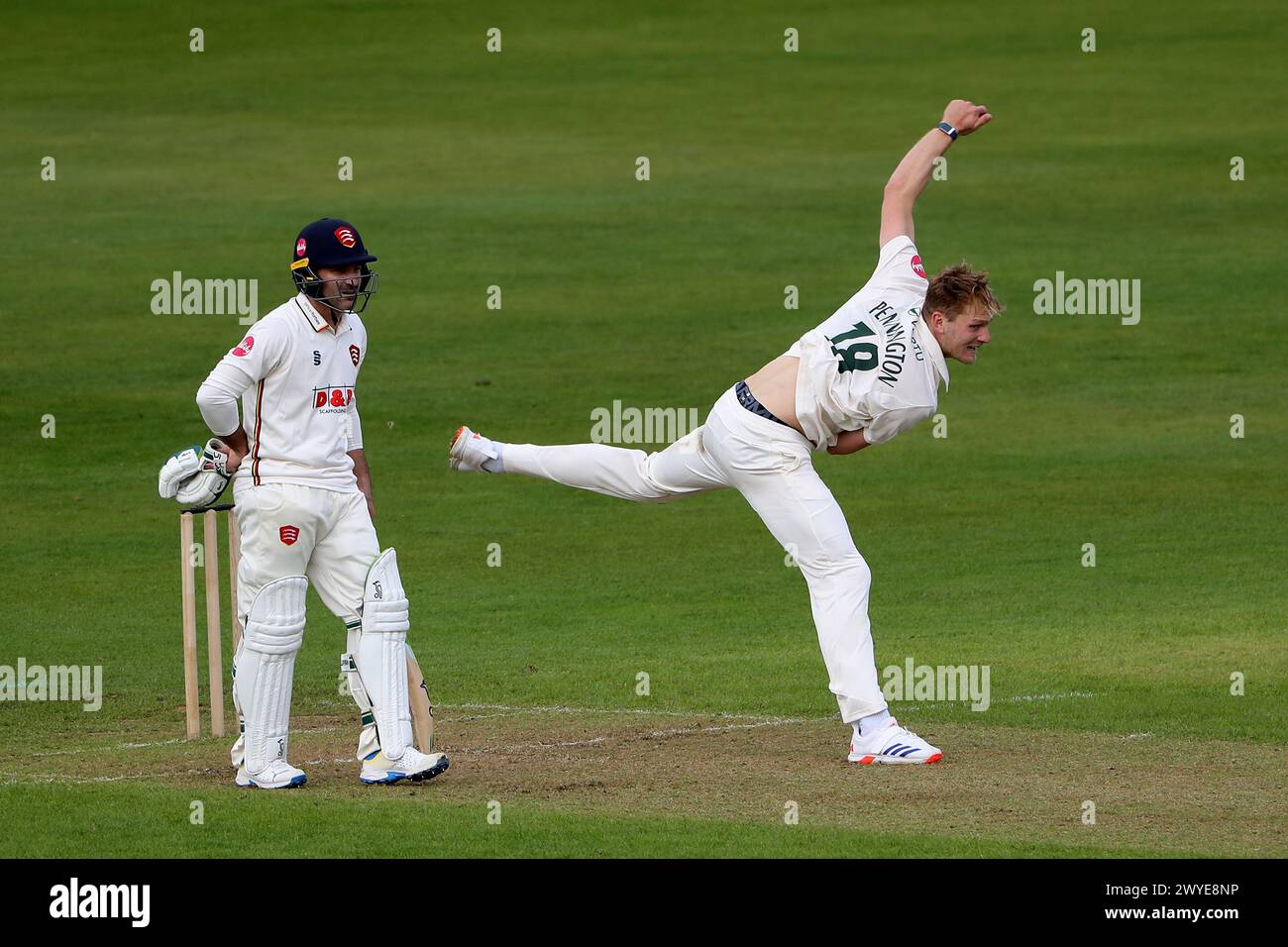 Dillon Pennington in bowling action for Nottinghamshire during ...
