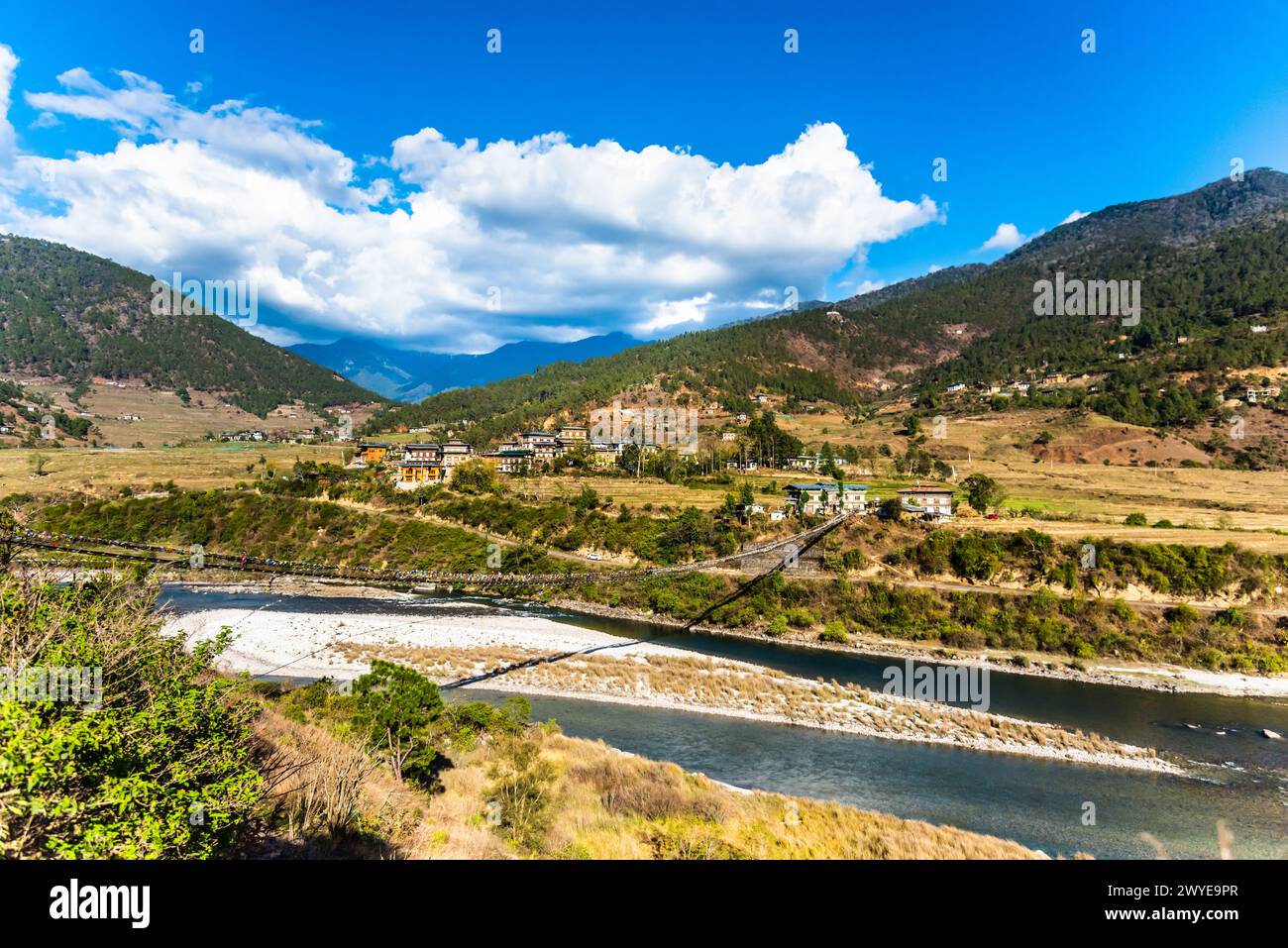 The Punakha Suspension Bridge at the Punakha Dzong in Bhutan Stock ...