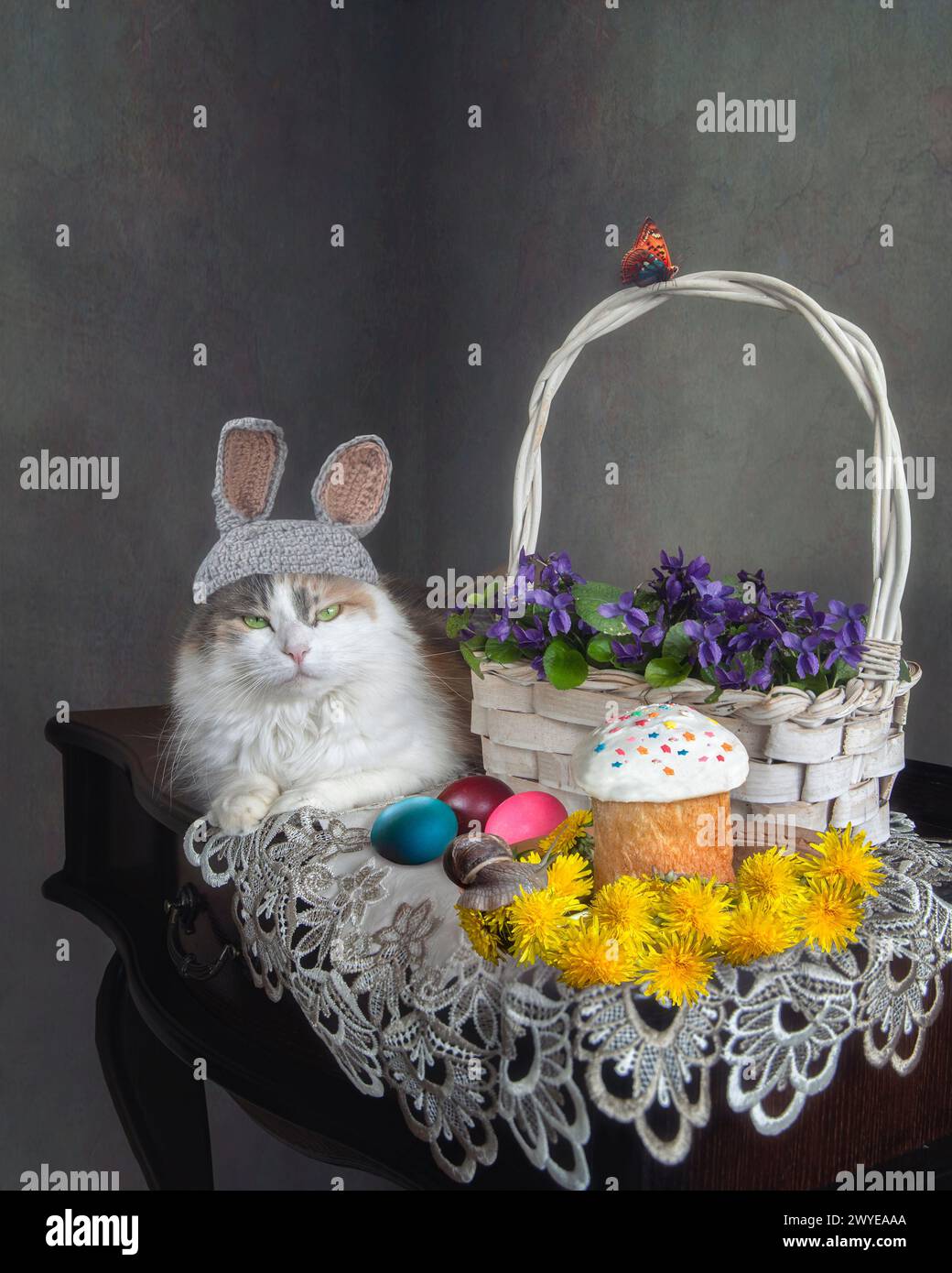 Easter greeting card with cat - rabbit Stock Photo - Alamy