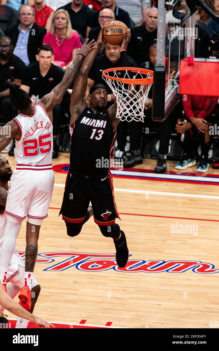 Houston, USA. 5th Apr, 2024. Bam Adebayo (R) of Miami Heat dunks during ...