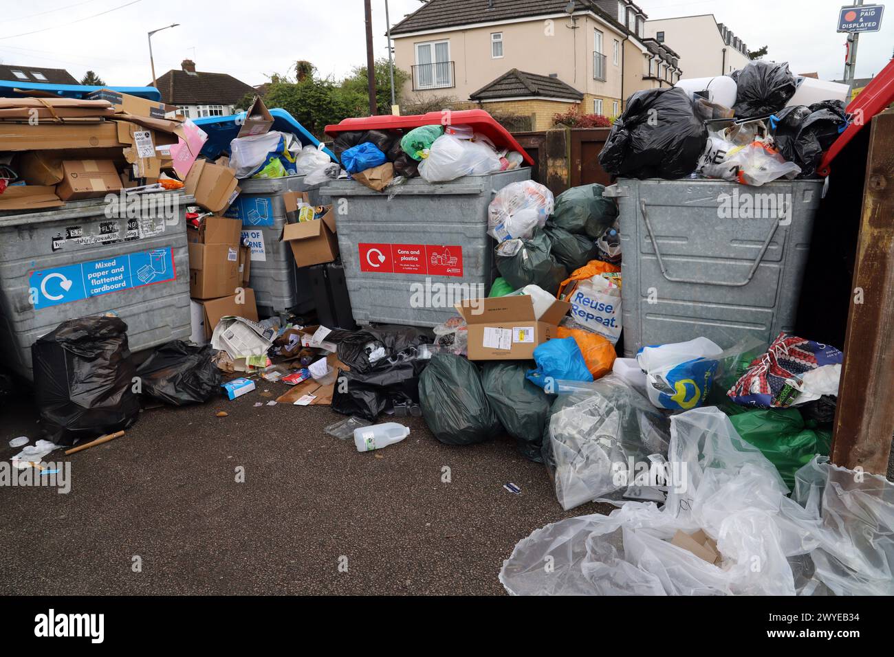 Overflowing recycling bins at a local council collection facility Stock ...