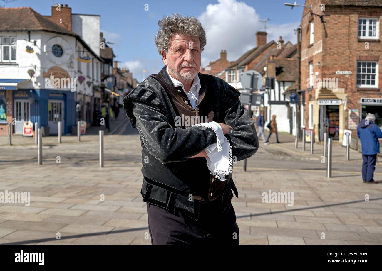 Actor outdoors. Shakespeare actor in Tudor costume of the Shakespeare ...