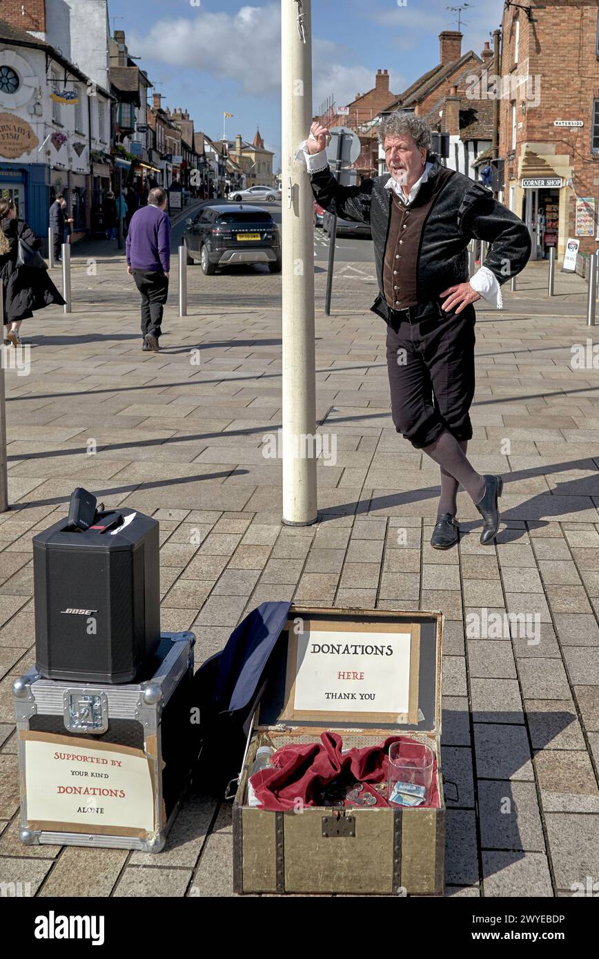 Actor outdoors in Tudor costume preparing to recite Shakespeare plays ...
