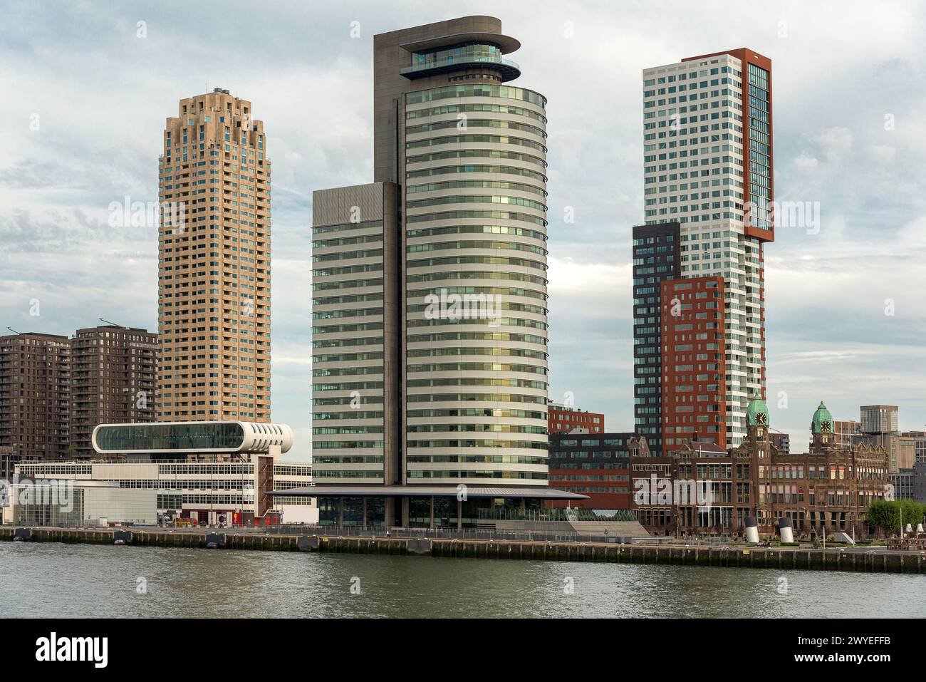 Rotterdam skyline from Rhine river with Hotel New York. Holland Amerika ...