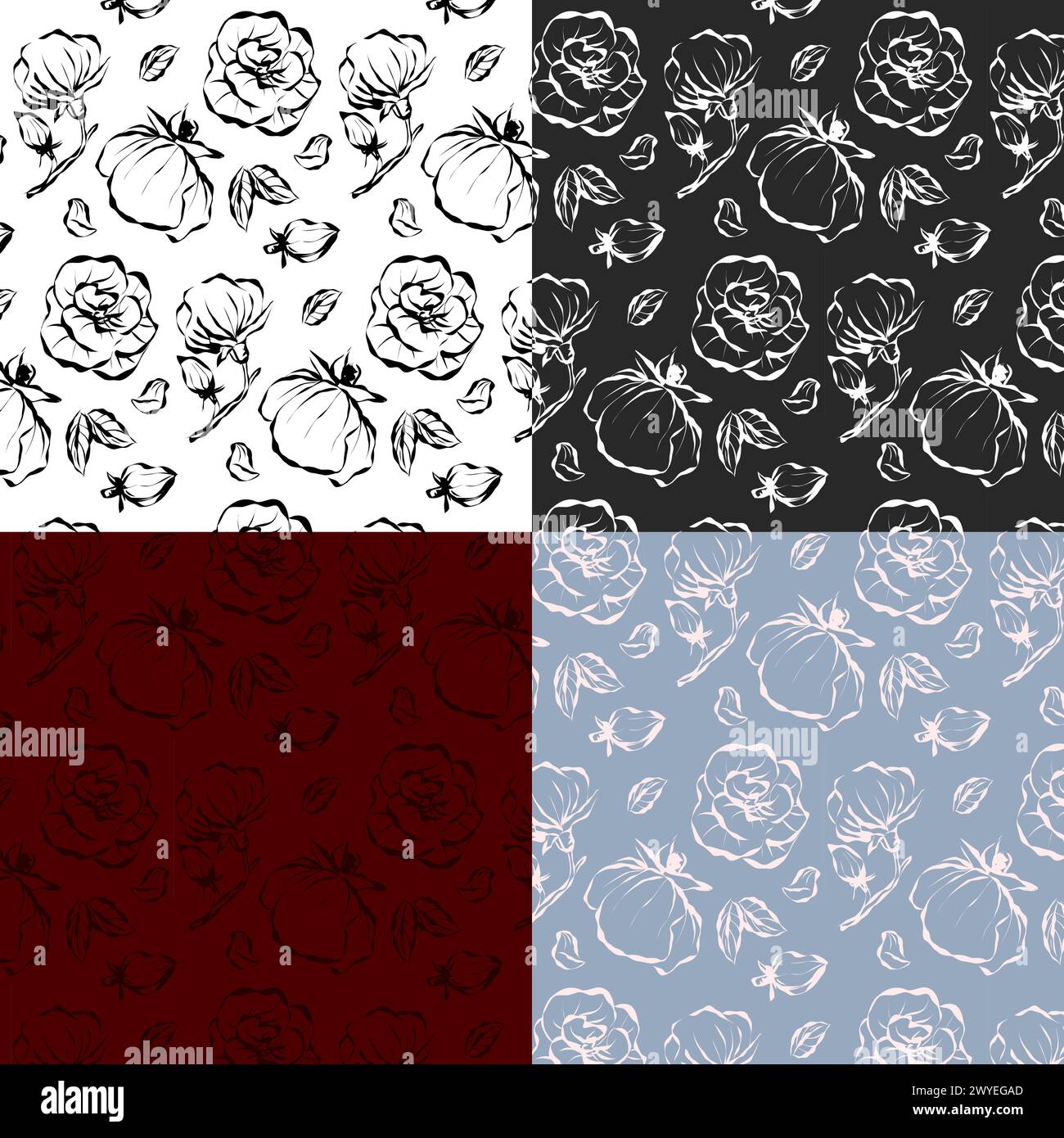 Set of rose patterns isolated line art doodle with leaf element, vector ...