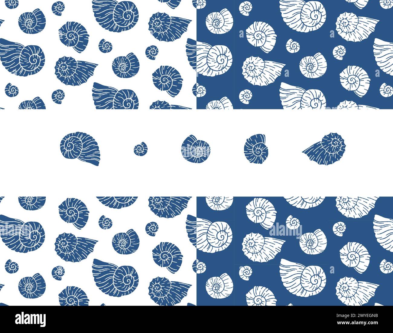 Set of seamless vector pattern with blue sea shells. Hand drawn vintage ...