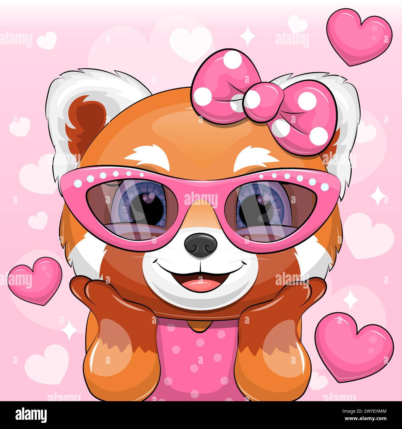 Cute cartoon red panda wearing pink glasses and hair bow. Vector ...